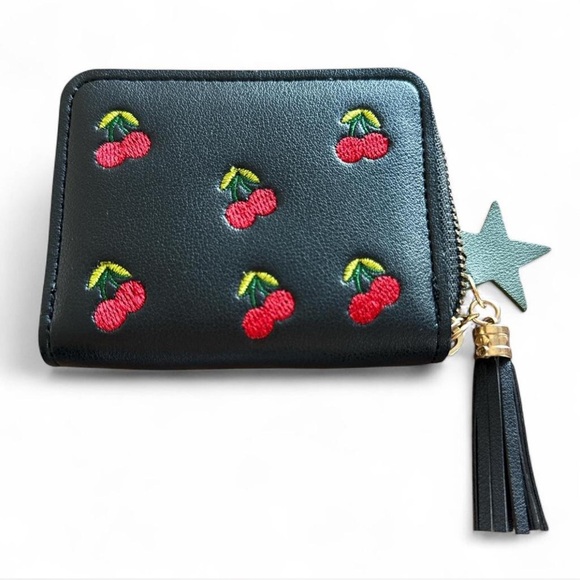 Bags | Chic Black Wallet With Cherry Design | Poshmark